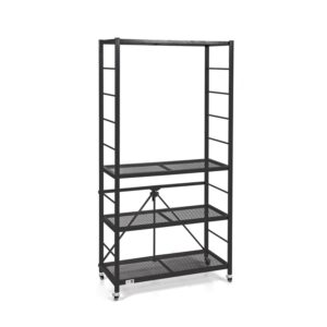 origami 4 tier foldable heavy duty metal steel adjustable garage storage shelf rack with wheels for organization in home and office, black