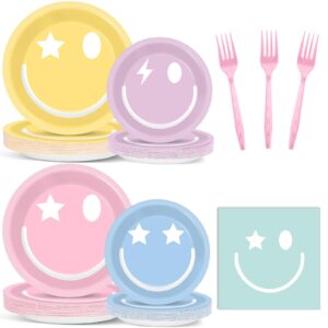 justforjoyful 96pcs pastel smile face party decorations paper plates napkin preppy smile face party tableware set smile face dinnerware supplies for birthday bachelorette baby shower decor serve 24