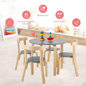 UJOYPAYD 5-Piece Kids Table Chair Set, Bentwood Toddler Round Table & 4 Chairs,Wooden Activity Table W/Curved Back Chairs,Children Furniture Set for Playing, Craft Art, Drawing, Reading (Gray)