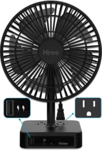 hiree desk fan with usb charging port, 2 speeds 6.7 inch small desktop table fan with usb charger, ac outlets, strong wind, quiet operation - personal fan for bedroom, home, office and dorm room