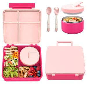 pawtong bento lunch box with 8oz soup thermo, kids leakproof lunch food containers with 4 compartment, kids thermo insulated hot food jar for school, trvael - (pink)