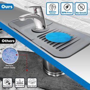 Draining Mat for Kitchen Sink, 14.5 x 5.5 Inches With 5° Slope Silicone Splash Guard, Protects Sinks from Splashing, Dish Soap Dispenser & Sponge Holder Mat Behind Faucet