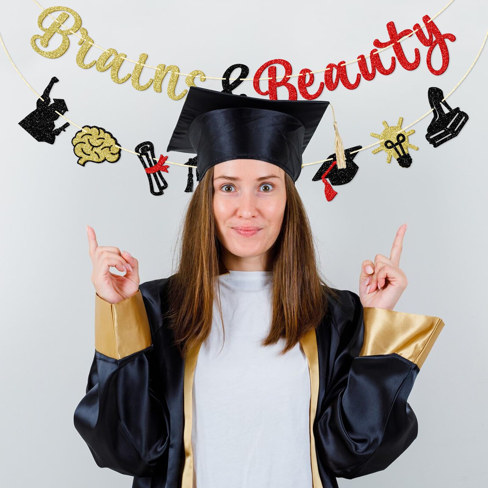 Brains And Beauty Banner, Pre-strung Graduation Banner, Graduation Party Decorations for Graduation Girls, Graduation Woman