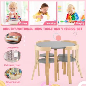 UJOYPAYD 5-Piece Kids Table Chair Set, Bentwood Toddler Round Table & 4 Chairs,Wooden Activity Table W/Curved Back Chairs,Children Furniture Set for Playing, Craft Art, Drawing, Reading (Gray)