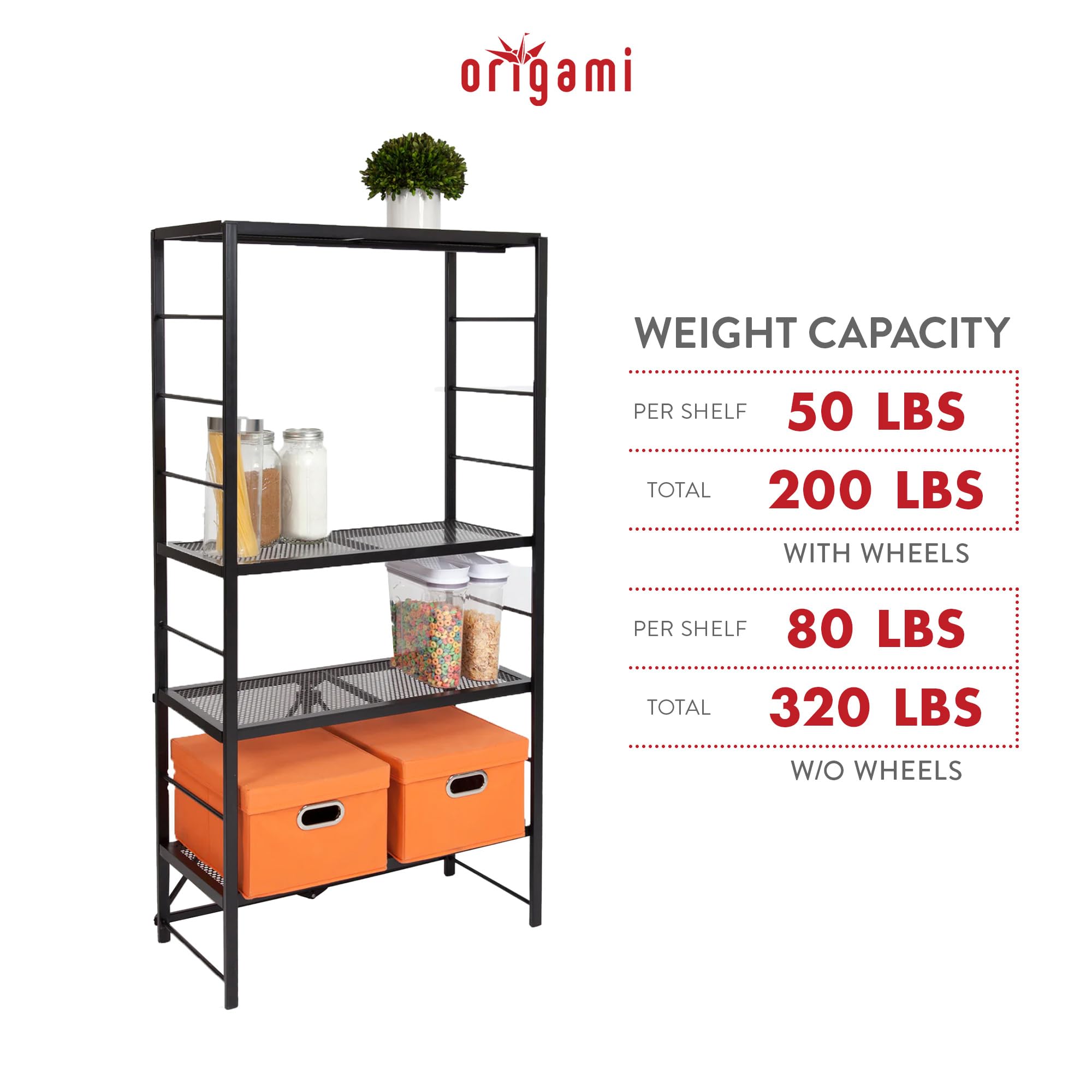 Origami 4 Tier Foldable Heavy Duty Metal Steel Adjustable Garage Storage Shelf Rack with Wheels for Organization in Home and Office, Black