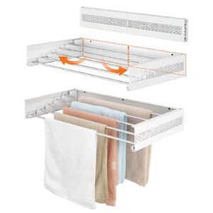 liamee wall mounted drying rack, collapsible drying racks for laundry, foldable clothes drying rack with wall template for indoor & outdoor use, 28” wide, 5 aluminum rods, 55 lbs, white