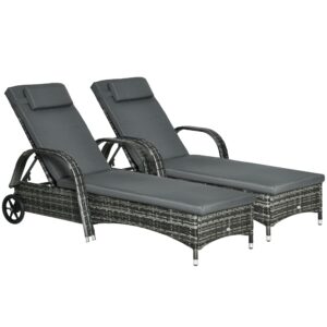 outsunny wicker outdoor chaise lounge set of 2, 5-level adjustable backrest pe rattan pool lounge chair with wheels, cushion & headrest, mixed gray and charcoal gray