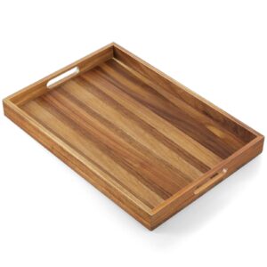 17 inch acacia wood serving tray with handles - large wooden tray for ottoman, breakfast in bed, dinner, coffee table - decorative rectangular tray for living room bedroom entryway and kitchen