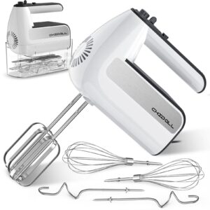 5-speed electric hand mixer, 800w handheld mixer with turbo for baking & cooking, kitchen food mixer with storage case & 5 stainless steel attachments (2 beaters, 2 dough hooks, 2 whisks)-white