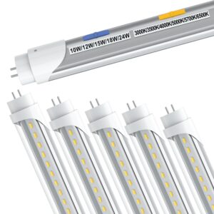 t8 led tube light bulbs 4 foot, 5 power(10w-24w)& 6cct(3000k-6500k) all in 1,plug & play or ballast bypass,t8 t12 4ft fluorescent tube light bulbs replacement, type a+b tube, etl dlc(clear-6pack)