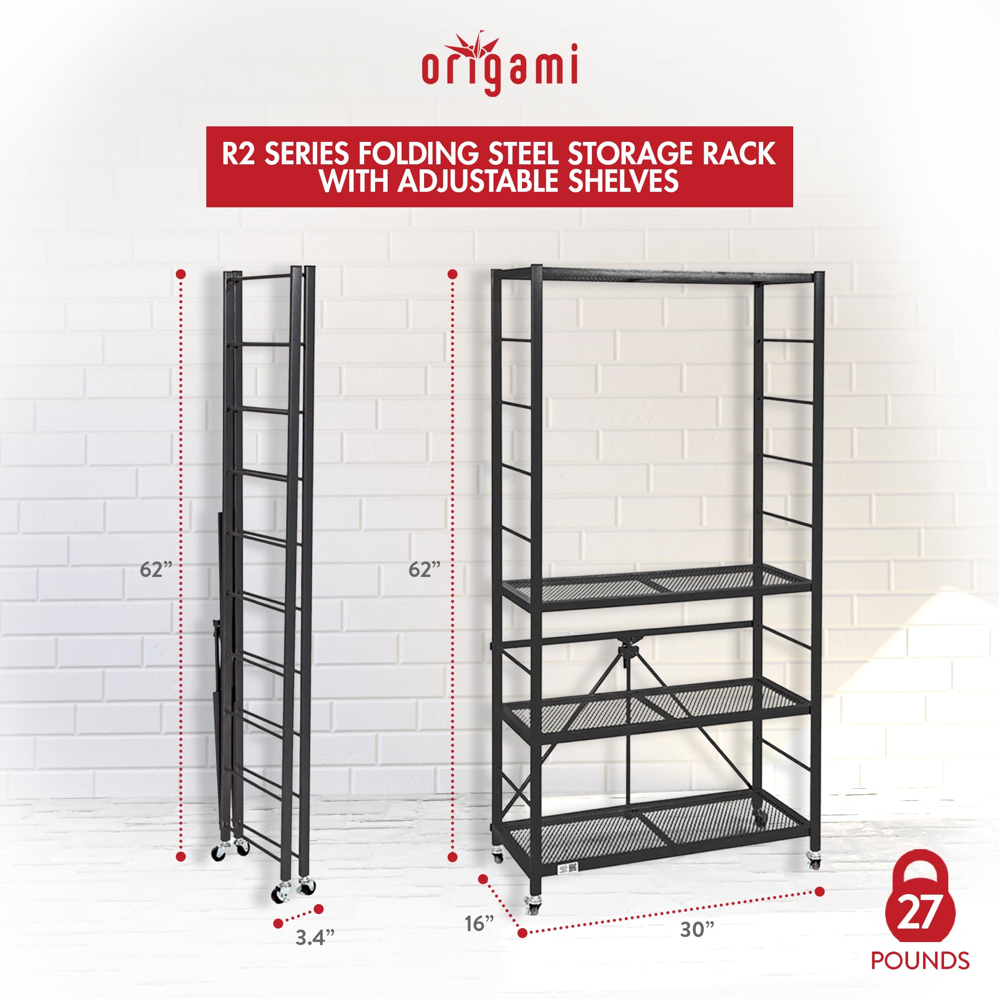 Origami 4 Tier Foldable Heavy Duty Metal Steel Adjustable Garage Storage Shelf Rack with Wheels for Organization in Home and Office, Black