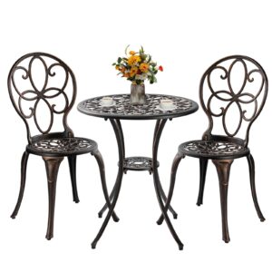 patio-in patio bistro sets 3 piece, outdoor bistro table and chairs set of 2 with umbrella hole, cast aluminum bistro set, patio furniture for yard garden porch, bronze