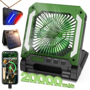 20000mah rechargeable solar camping fan with led lantern, 3 speeds cordless battery powered portable fan with powerbank,timer & hanging hook, quiet desk fan for tent hurricane worksite (green)