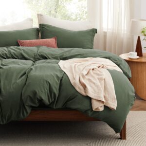 bedsure duvet cover queen size with fitted sheet - soft prewashed queen duvet cover set, 4 pieces, includes 1 duvet cover 90x90 inches with zipper closure, 2 pillow shams, 1 fitted sheet, olive green