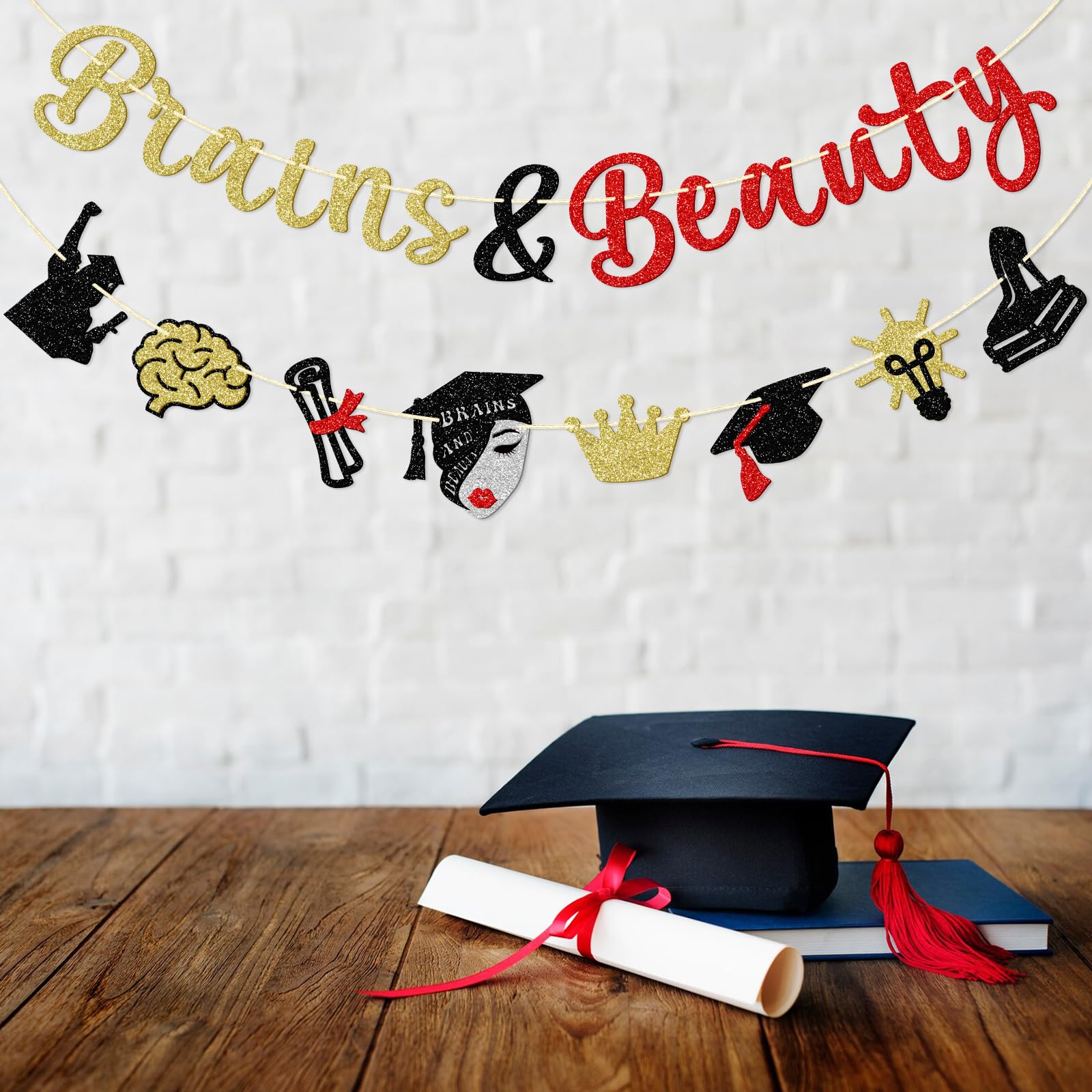 Brains And Beauty Banner, Pre-strung Graduation Banner, Graduation Party Decorations for Graduation Girls, Graduation Woman