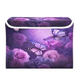 wassud purple butterfly 16.5"x12.6"x11.8" storage bins with lids,collapsible stackable fabric linen baskets closet organizer container