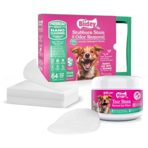 biidey pet odor stain laundry sheets and eye care bundle - laundry detergent sheets, pet hair odor eliminator stain remover, dog cat eye wash wipes tear stain remover