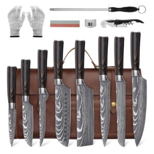 dragon roit japanese knives set damascus pattern chef knife set for kitchen with roll bag, sharp 14pcs stainless kitchen knife set brown handle