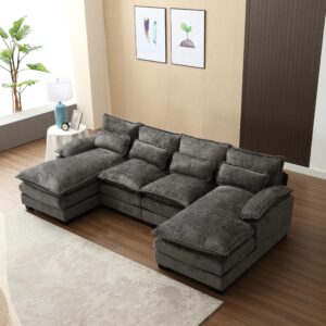 lakifun convertible sectional sofa, chenille fabric u shaped couch 4 seat sofa with double chaises for living room, grey