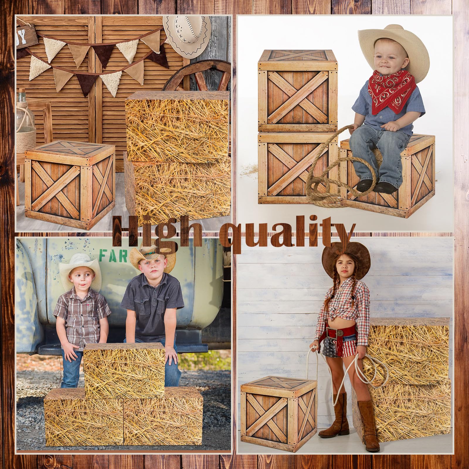 Outus 8 Pcs Hay Bales Boxes Decor Western Cowboy Party Decorations Trunk or Treat Car Decor Fake Hay Photo Booth Props Wooden Grain Straw Boxes for Fall Harvest Halloween(Straw)