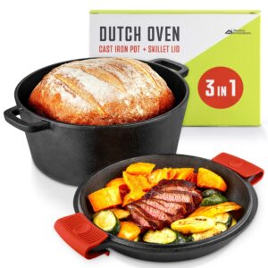 cast iron dutch oven pot with lid, 3-in-1, 5 quart cast iron dutch oven with cast iron skillet lid, cast iron pot with lid, preseasoned cast iron pots and pans set, rv or lodge camping cast iron set