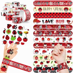 cherisnowy 48 pcs ladybug party favors 24pcs tattoos sticker 24pcs slap bracelets wristbands perfect for themed birthday baby showers or classroom rewards ideal decor and gifts for girls and boys