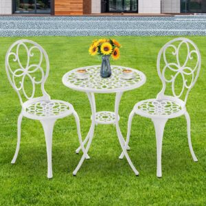 withniture patio bistro sets, cast aluminum bistro table and chairs set of 2 with umbrella hole, bistro set 3 piece outdoor, metal patio furniture set for garden porch, white