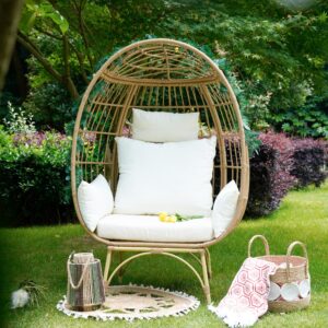 timwner oversized egg chair indoor,outdoor large wicker lounge chair with stand and cushions for patio,living room,backyard with 4 comfortable cushion.