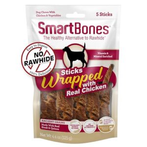 smartbones sticks wrapped with real chicken, steak and quinoa rawhide-free chews for dogs, 5 chews per pack, 4.4 ounces