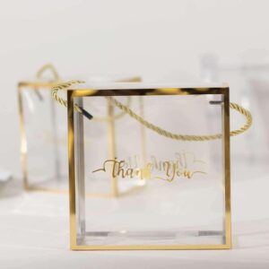 efavormart 25 pack gold trimmed clear pvc favor boxes with rope handles and thank you print, transparent portable candy gift boxes - 5.5"x5.5"