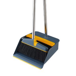 theiyhyu broom with dustpan combo set stand up broom and dustpan with dustpan teeth lightweight with long handle 180° swivel suitable for for cleaning floors indoors kitchen office (blue)