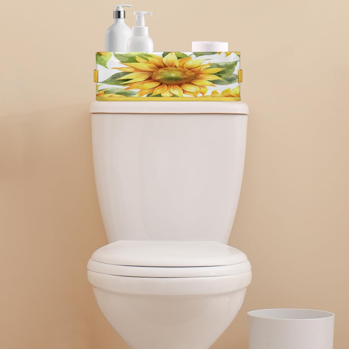 Ioracida Yellow Sunflower Toilet Paper Basket Toilet Tank Fabric Storage Basket with Handles, Summer Floral Small Decor Baskets for Organizing Bathroom Toilet Tank Top