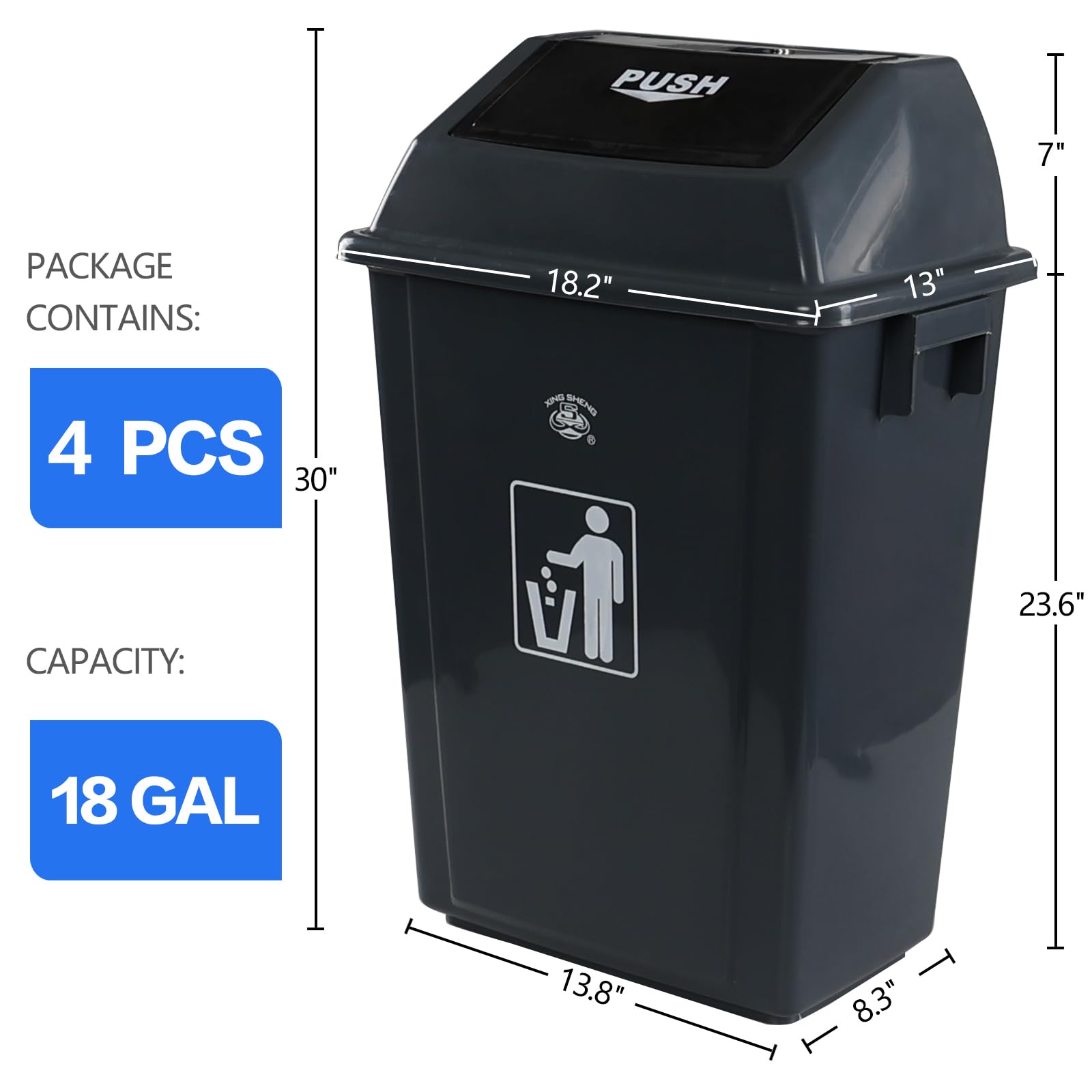 Tyminin 18 Gallon Plastic Trash Can with Swing Lid, 4-Pack Large Kitchen Swing-Top Garbage Can, Grey