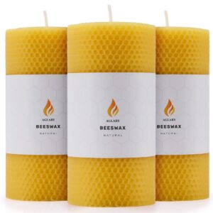 aglary 3pcs 3 * 6" beeswax pillar candles, large handmade pure beeswax rolled candles, unscented & dripless & smokeless,original color