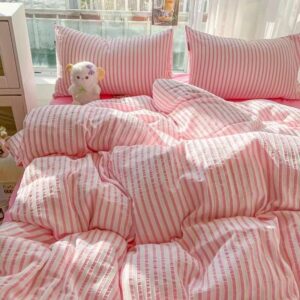 gerrit four-piece washed cotton seersucker striped single and double duvet cover sheet set (color : rose red, size : 1.8m bed), 096743