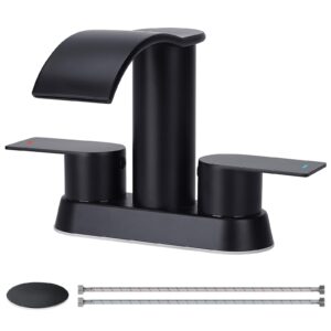 bietor waterfall bathroom faucets, matte black bathroom sink faucet with pop-up drain & supply hoses, stainless steel lead-free 2 handle faucet for vanity sink 2 or 3 holes