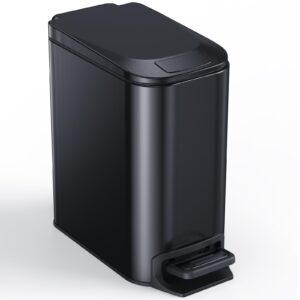 ceroelda small bathroom trash can with plastic lid, 6l/1.6 gal stainless steel slim garbage can-metal wastebasket-rectangle pedal step trash bin -for kitchen bedroom office toilet-black