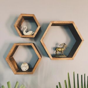 hadaaya hexagon shaped floating wooden shelf - set of 3 for home décor