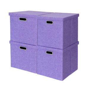 orgmaster stackable fabric storage bins with lids, 13 x 13 storage cubes, collapsible bins cube storage organizer boxes containers baskets for home, office, closet, shelves, 4-pack, purple