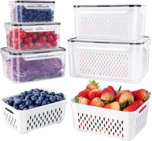 6 pcs large fruit containers for fridge - leakproof food storage containers with removable colander - dishwasher & microwave safe produce containers keep fruits, vegetables, berry, meat fresh longer