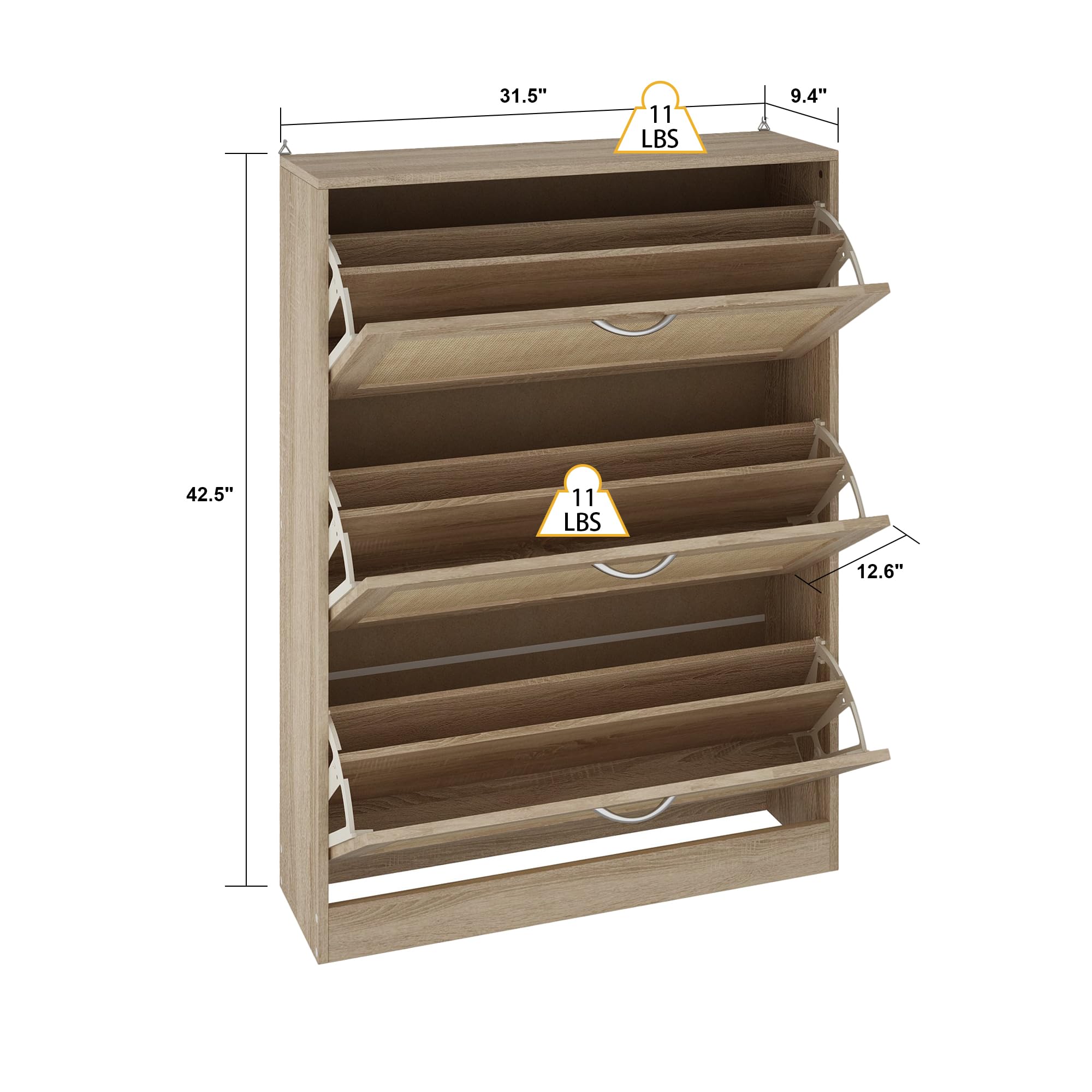 ECACAD 31.5" L Rattan Narrow Shoe Cabinet with 3 Flip Drawers, Freestanding Shoe Storage Organizer, Modern Shoe Organizer Cabinet with Rattan Doors for Entryway, Brown