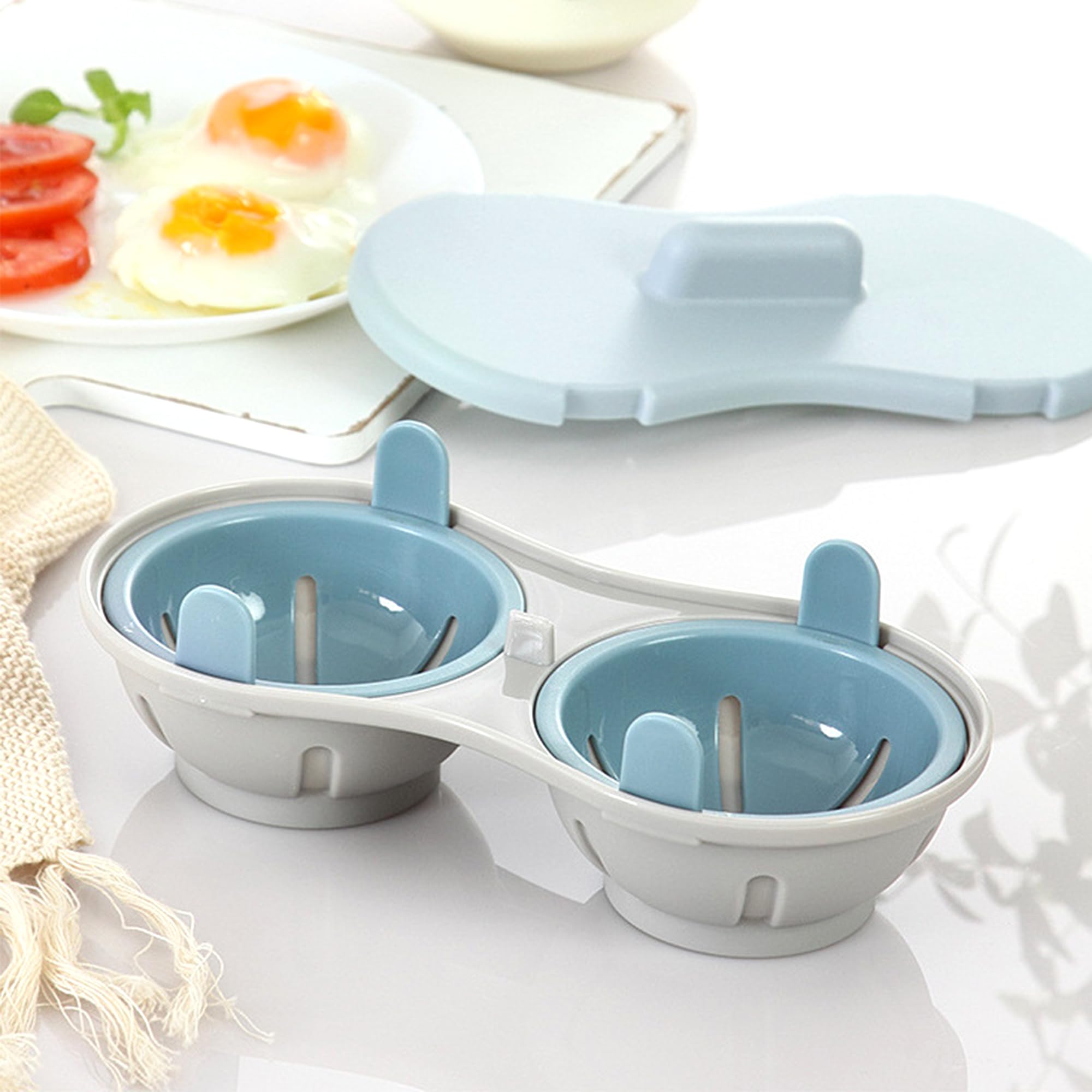 2 Cavity Microwave Egg Cooker, Breakfast Double Row Egg Cooker, Poached Egg Cup Kitchen Cooking Gadgets (Light Blue)