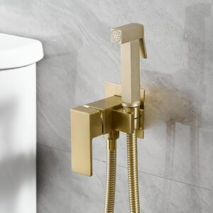 bathfinesse wall mounted bidet sprayer set, warm water bidet sprayer faucet for toilet with hot and cold brass valve, stainless steel square handheld bidet attachment set, brushed gold