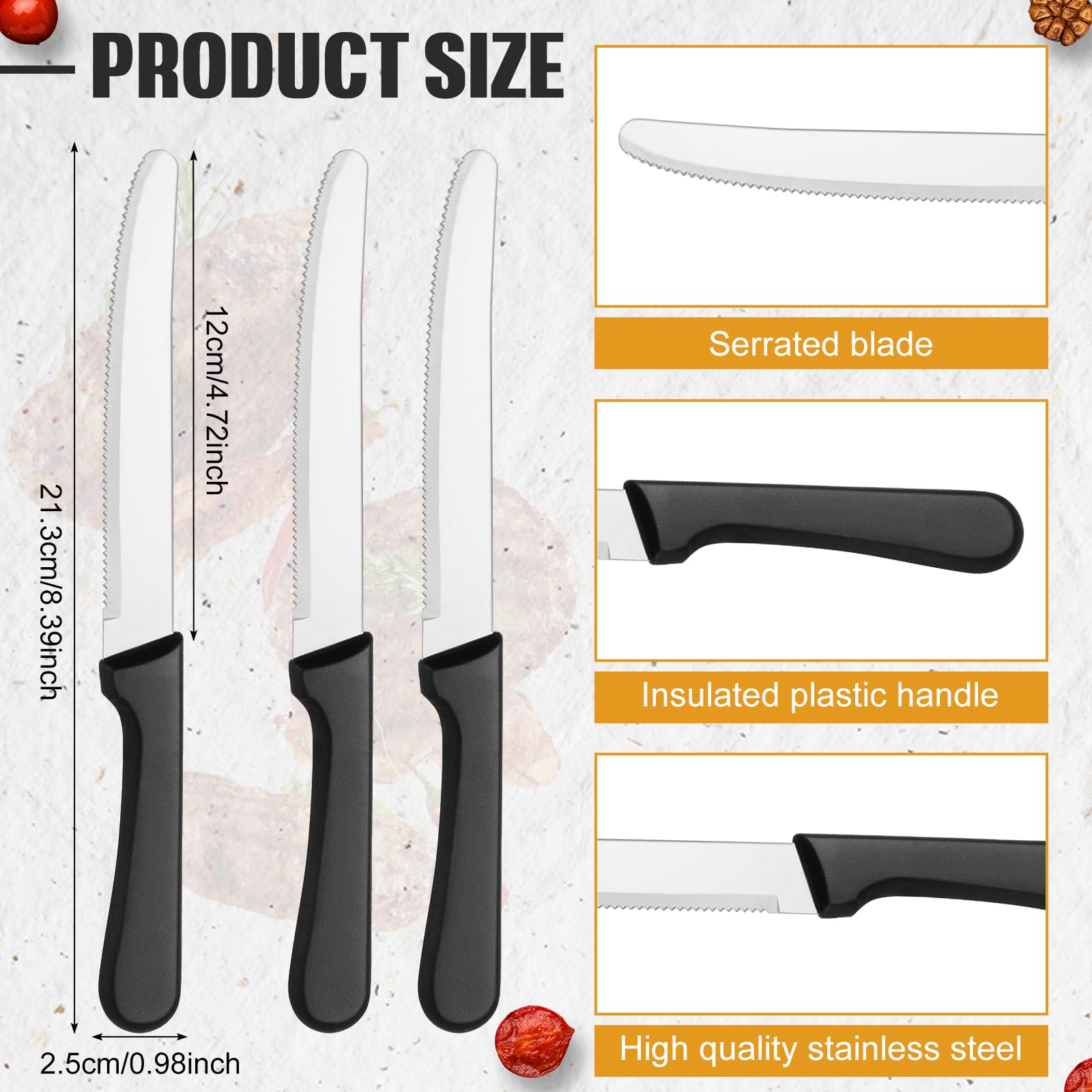 Zhehao 150 Pcs 8.39 Inches Steak Knife Sets Black Steak Knives Serrated Edge Dinner Knives Stainless Steel Table Knives with Plastic Handle and Round Tip for Home Restaurant