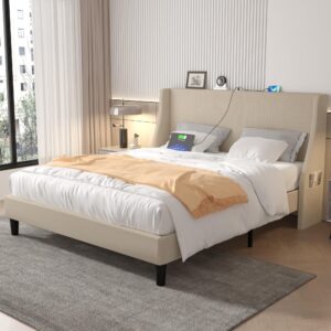 vecelo queen bed frame with upholstered wingback headboard, heavy-duty platform bedframe with charging station & side pockets, no box spring needed, light beige