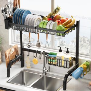 urackify over the sink dish drainer drying rack, adjustable (25.19"-37.4") over sink dish drying rack, extra large extendable dish rack above kitchen sink, 2 tier dish strainer with storage basket