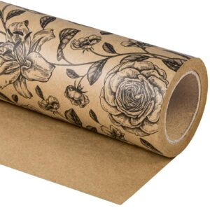 wrapaholic kraft floral wrapping paper roll - mini roll - 17 inch x 33 feet - vintage black floral design for birthday, bridal shower, wedding, baby shower