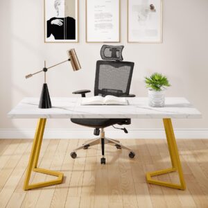 tribesigns modern gold computer desk: 55 inches white and gold home office desk with metal legs, faux marble study writing table for small spaces, simple desk for bedroom