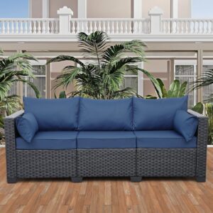 valita 3-seat outdoor rattan sofa patio couch black pe wicker loveseat seating furniture with washable navy blue cushions