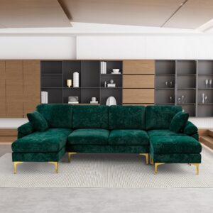 ouyessir u-shaped sectional sofa for living room, 4 seat velvet sofa set convertible l-shaped couch set with chaise lounge, ottoman and pillows,114 inches (emerald green)